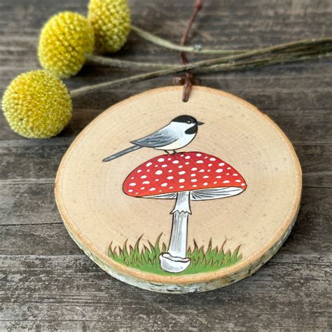 Chickadee On Red Amanita Mushroom Wood Slice Ornament Handmade By