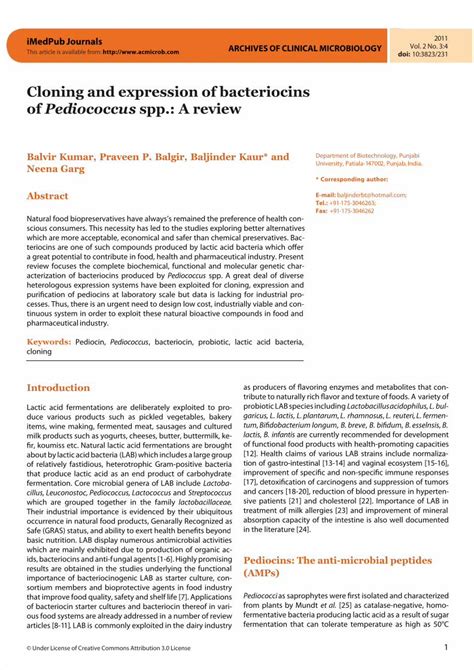 Pdf Cloning And Expression Of Bacteriocins Of Pediococcus Spp A Review Dokumentips