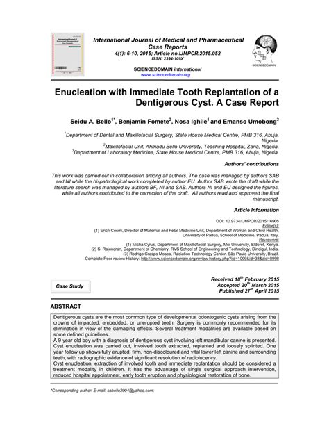 Pdf Enucleation With Immediate Tooth Replantation Of A Dentigerous