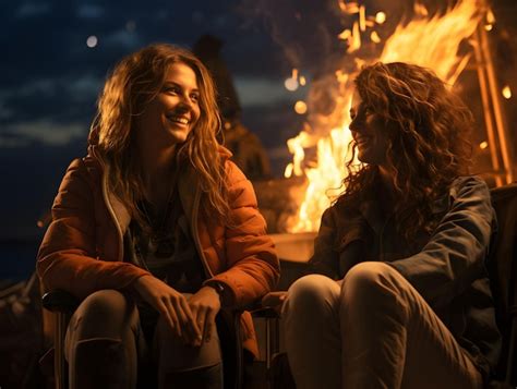 Premium Photo Two Women Sit Close Together In Front Of A Campfire On