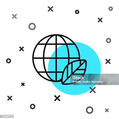 검은 선 지구 지구 지구와 흰색 배경에 고립 된 잎 아이콘 세계 또는 지구 기호 기하학적 모양 환경 개념 임의동적 모양 벡터 일러스트레이션 공 스포츠 장비에 대한 스톡 벡터