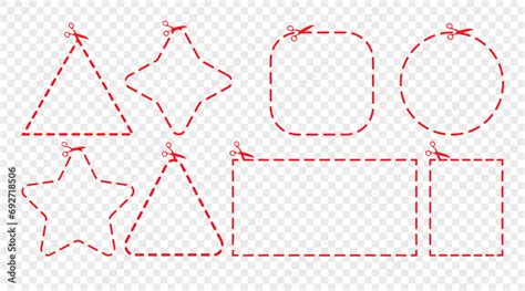 Vector Cutting Lines Icon Set Geometric Shapes Red Dashed Outline