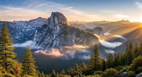 Scenic View Of Half Dome Mountain With Trees And Clouds At Sunrise In