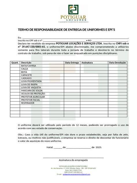 Termo De Responsabilidade Uniforme Epi Pdf