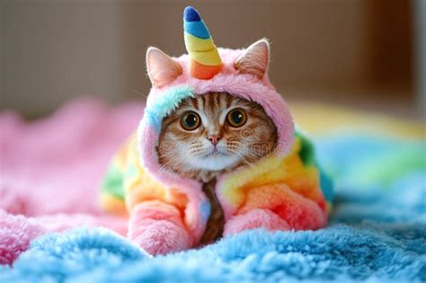 Cute Unicorn Cat In Plush Costume With Horn Lies On Bed Concept Of