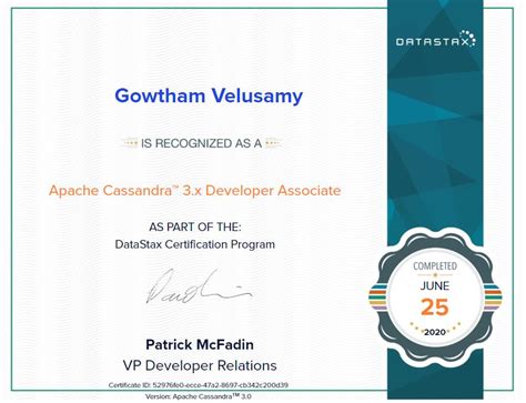 Certification Cassandra Datastax Gowtham Velusamy
