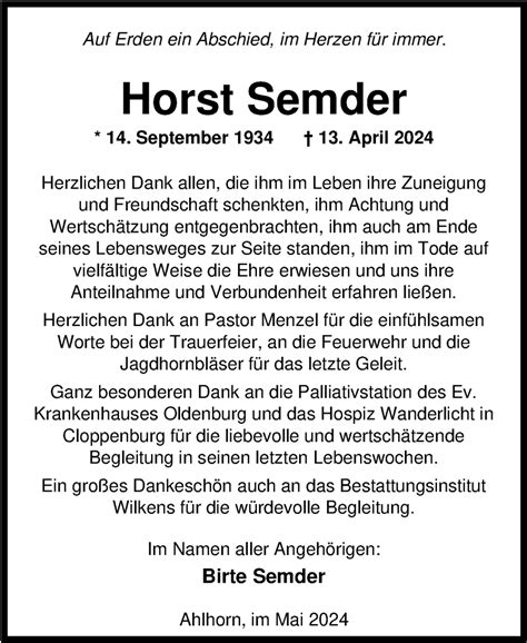 Traueranzeigen Von Horst Semder Nordwest Trauer De