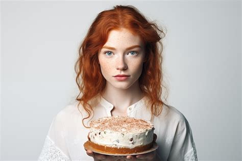 Premium Photo Young Pretty Redhead Girl Over Isolated White Background Holding Cake