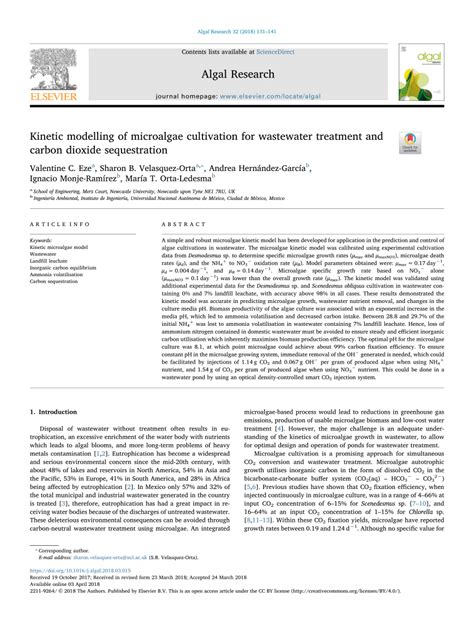 PDF Kinetic Modelling Of Microalgae Cultivation For Wastewater Treatment And Carbon Dioxide