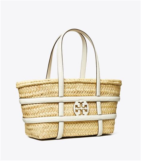 Tory Burch Small Ella Croc Embossed Straw Basket Blanc Kicks Machine