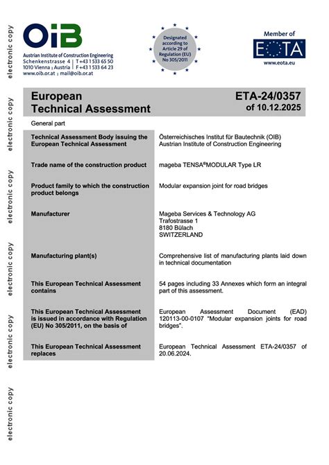 Eta Certification For Mageba Modular Expansion Joints Mageba