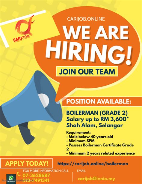 Carijob Online Vacancy Boilerman Grade 2 📍 Shah Alam