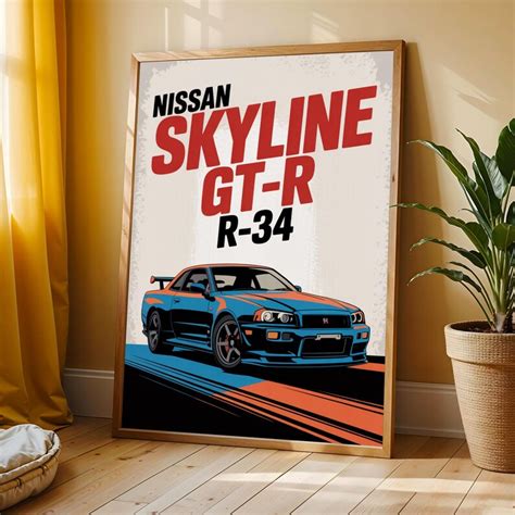 Nissan Skyline Gt R R34 Poster Vintage Automotive Comic Art Etsy