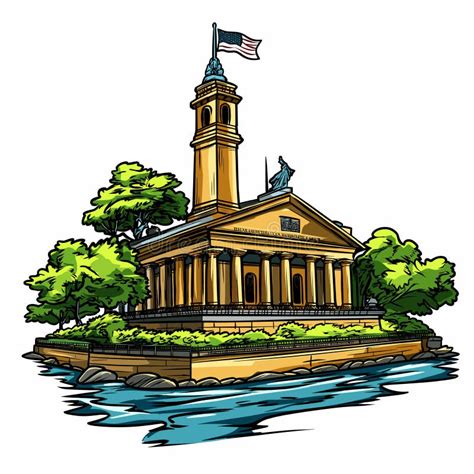 Ellis Island In New York Vector Comic Hand Drawn Illustration Of Ellis