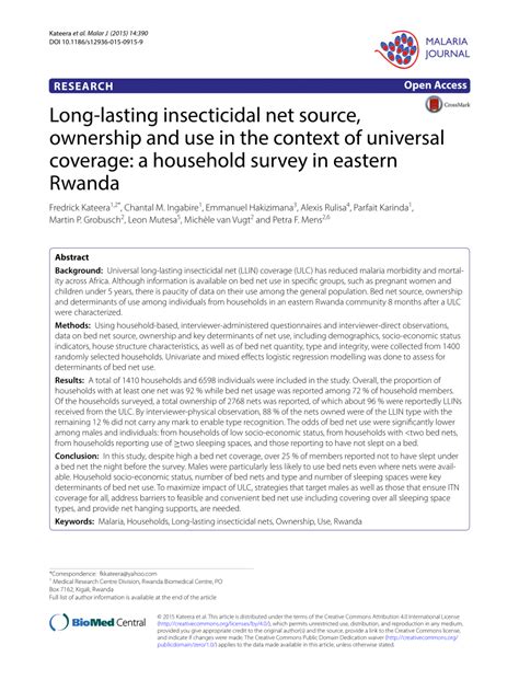 Pdf Long Lasting Insecticidal Net Source Ownership And Use In The Context Of Universal