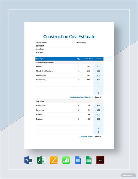 Construction Cost Estimate Template Excel Spreadsheets
