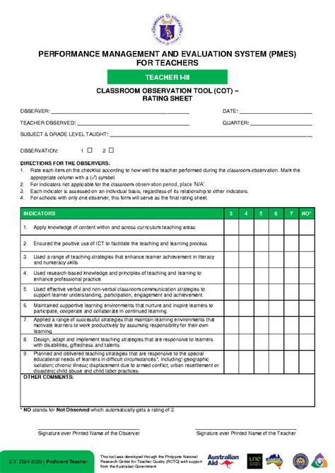 Cot Rating Sheet For Proficient Teacher Sy 2024 2025 Evaluation Tool