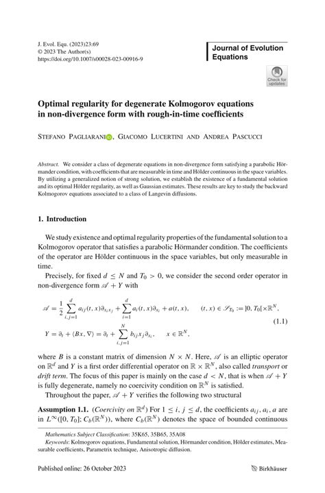 Pdf Optimal Regularity For Degenerate Kolmogorov Equations In Non Divergence Form With Rough