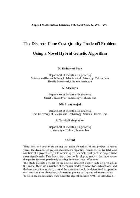 Pdf The Discrete Time Cost Quality Trade Off Problem Using A Novel