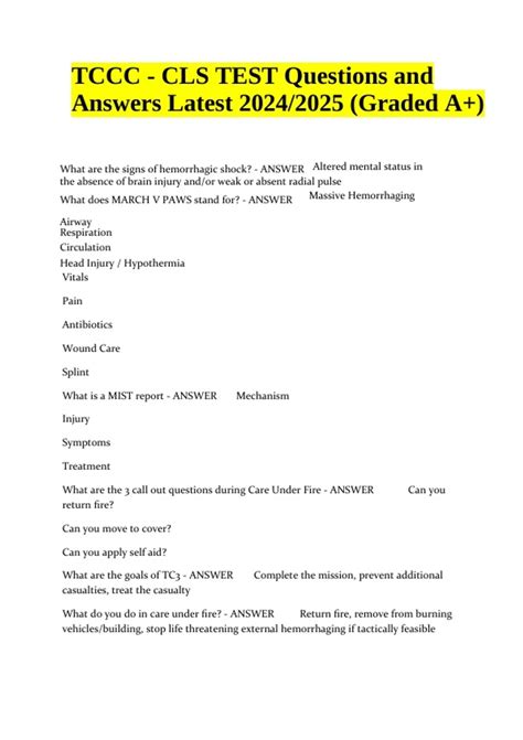 Tccc Cls Test Questions And Answers Latest 20242025 Graded A