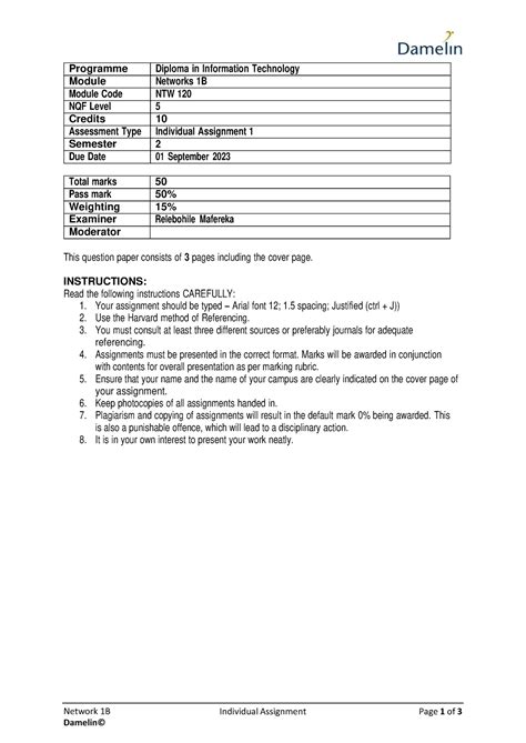 Networks 1b Assignment 1 Network 1b Damelin© Individual Assignment