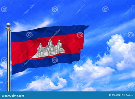 Cambodia National Flag With Iconic Angkor Wat Symbol Against Blue Skies