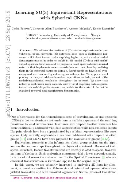 Pdf Learning So3 Equivariant Representations With Spherical Cnns