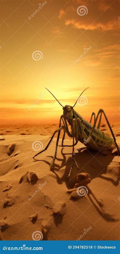 Khaki Sunrise A Sci Fi Inspired Fine Art Photography Of A Large Grasshopper In The Desert Stock