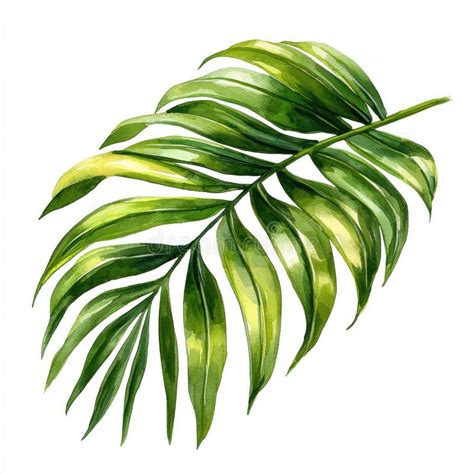 Vibrant Green Palm Tree Leaf With Detailed Watercolor Texture On White