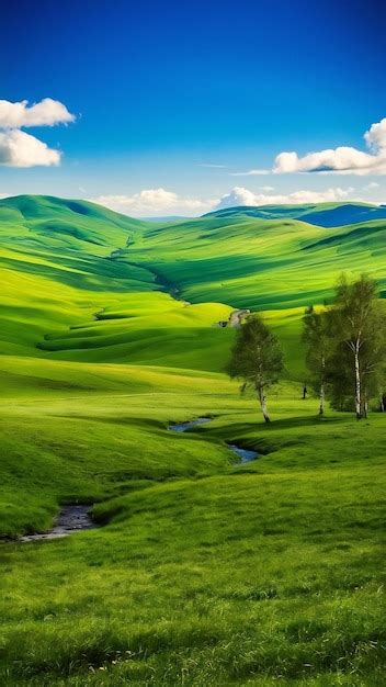 Landscape Of Green Grassland Premium Ai Generated Image