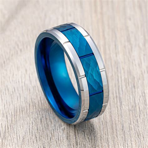 Blue Tungsten Wedding Band Polished Beveled Edges Hammered Brushed
