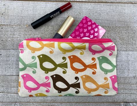 Mini Makeup Bag Zipper Travel Pouch Scandi 70s Style Birds Pattern