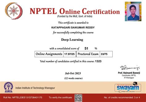 Nptel Certificateofcompletion Deeplearning Iitkharagpur Sai Kumar Reddy
