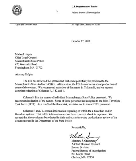 Appendix C Letter From The Federal Bureau Of Investigations Chief