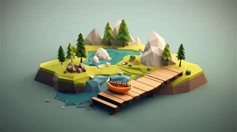 Low Poly Boat On An Island With Trees Background 3d Low Poly Game Raft