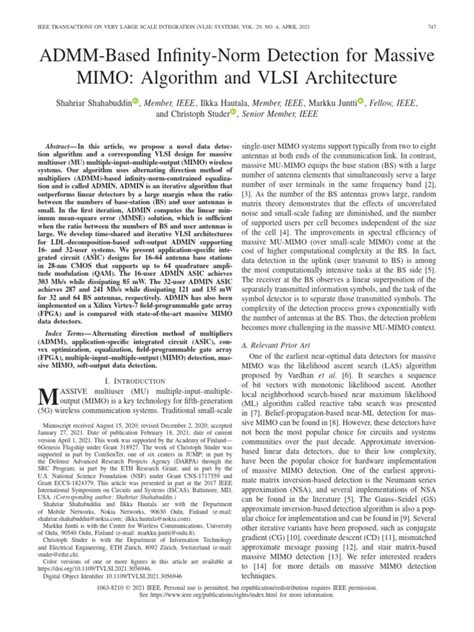 Admm Based Infinity Norm Detection For Massive Mimo Algorithm And Vlsi Architecture Pdf