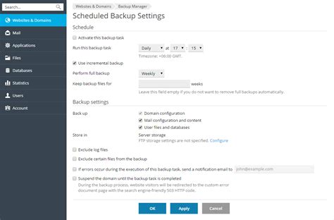 Scheduling Backups Plesk Onyx Documentation