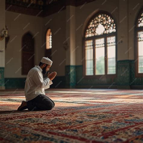 Padre E Hijo En La Mezquita Familia Musulmana Orando Hombre E Hijo Leyendo El Corán Y Orando