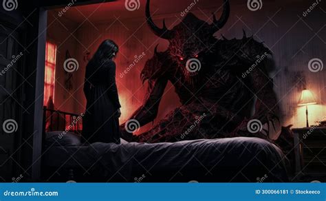 Girl Confronts Giant Demonic Creature In Dark And Red Bed Stock