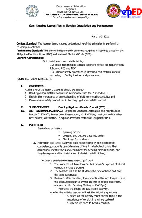 For Observation Semi Detailed Eim Roughing Pvc Department Of Education Region V Division Of