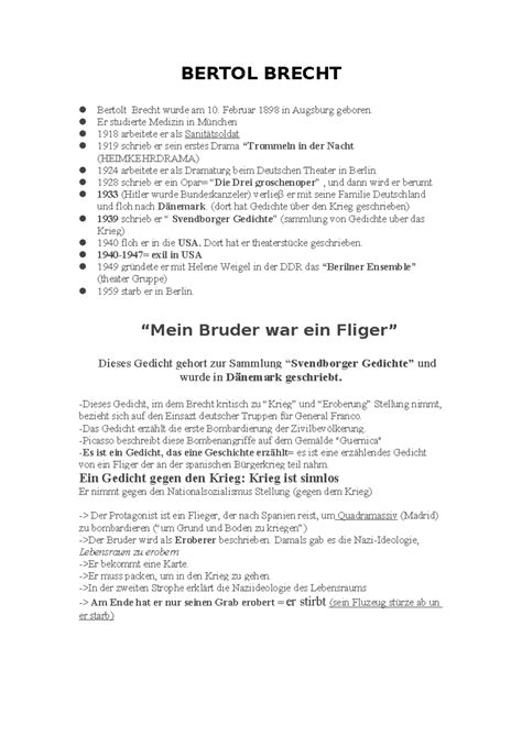 Bertol Brecht Class Note Bertol Brecht Bertolt Brecht Wurde Am 10 Februar 1898 In Augsburg