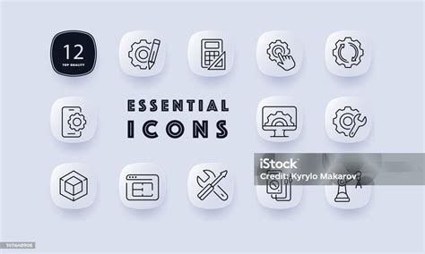 건설 계산 세트 아이콘입니다 기어 연필 계산기 눈금자 화살표 전화 컴퓨터 렌치 스크루 드라이버 큐브 3d 웹 사이트 크레인 기술 개념 신형 스타일 벡터 선 아이콘 0명에