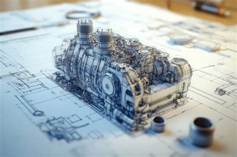 Technical Sketch Of An Automobile Engine Layout On Drafting Paper With