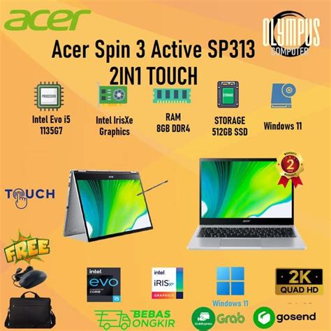 Jual Laptop Acer Spin 3 Active Sp313 2in1 Touch Evo I5 1135g7 W11ohs