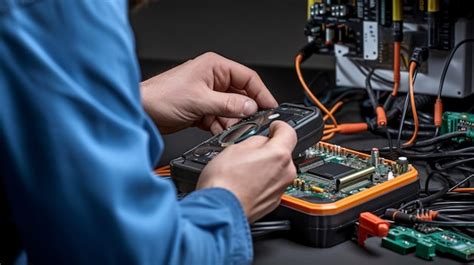 Premium Ai Image Technician Repairing Circuit Board With Multimeter Tool