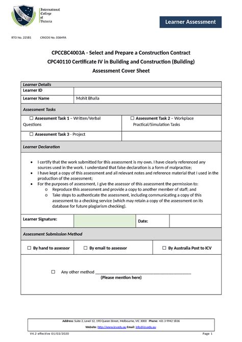 Cpccbc 4003a Learner Assessment V4 Rto No 22581 Cricos No 03649a