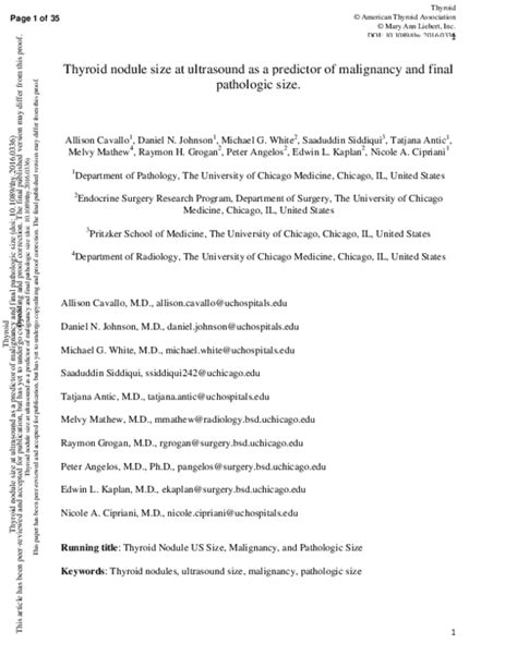 Pdf Thyroid Nodule Size At Ultrasound As A Predictor Of Malignancy And Final Pathologic Size