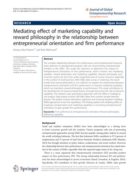 Pdf Mediating Effect Of Marketing Capability And Reward Philosophy In