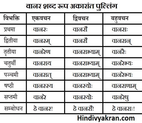 वानर शब्द रूप संस्कृत में Vanar Shabd Roop In Sanskrit Hindivyakran
