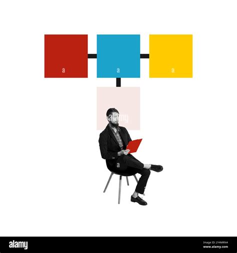 Man Sitting With Red Folder Under Simple Organizational Chart Symbolizing Structured Decision